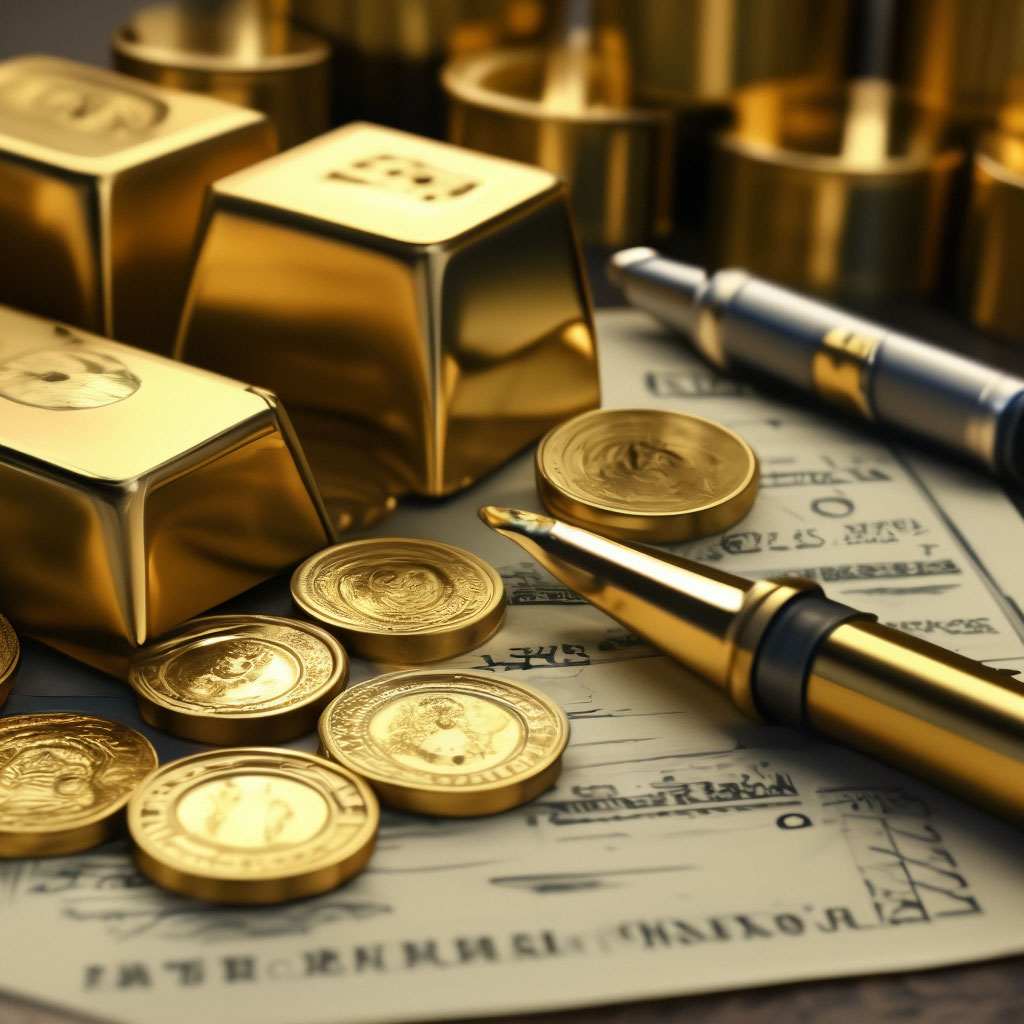"Gold coins, gold bars,receipt,bill of exchange, inkwell,pen, antique ...