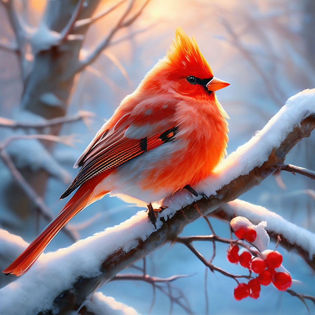"A beautiful snow firebird that sits on a tree branch in winter ...