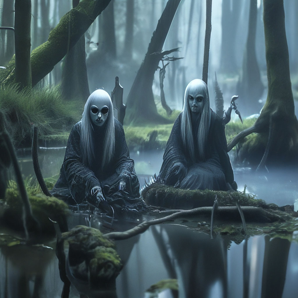 "Two ghouls in a dense forest are sitting near a swamp looking for a ...