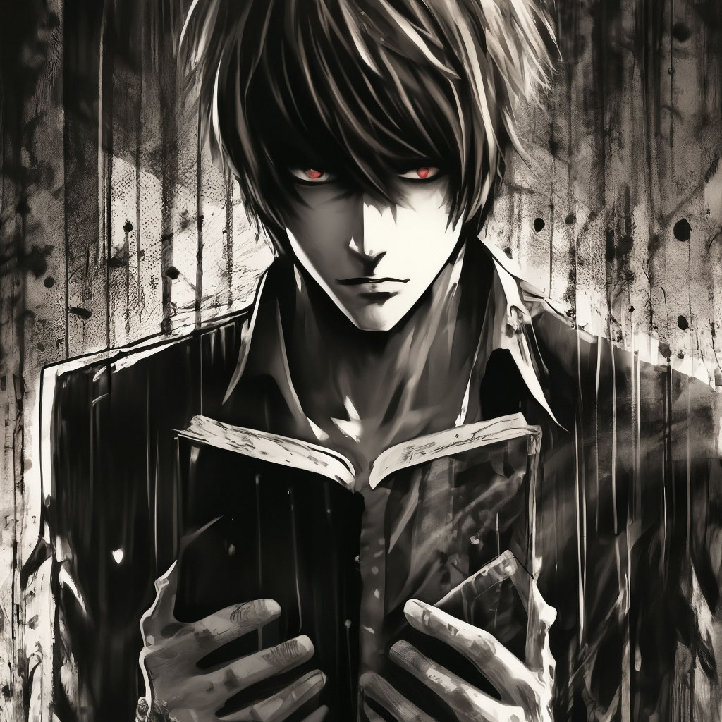 "Yagami Light holds a black book, high detail, strokes, splashes of ...