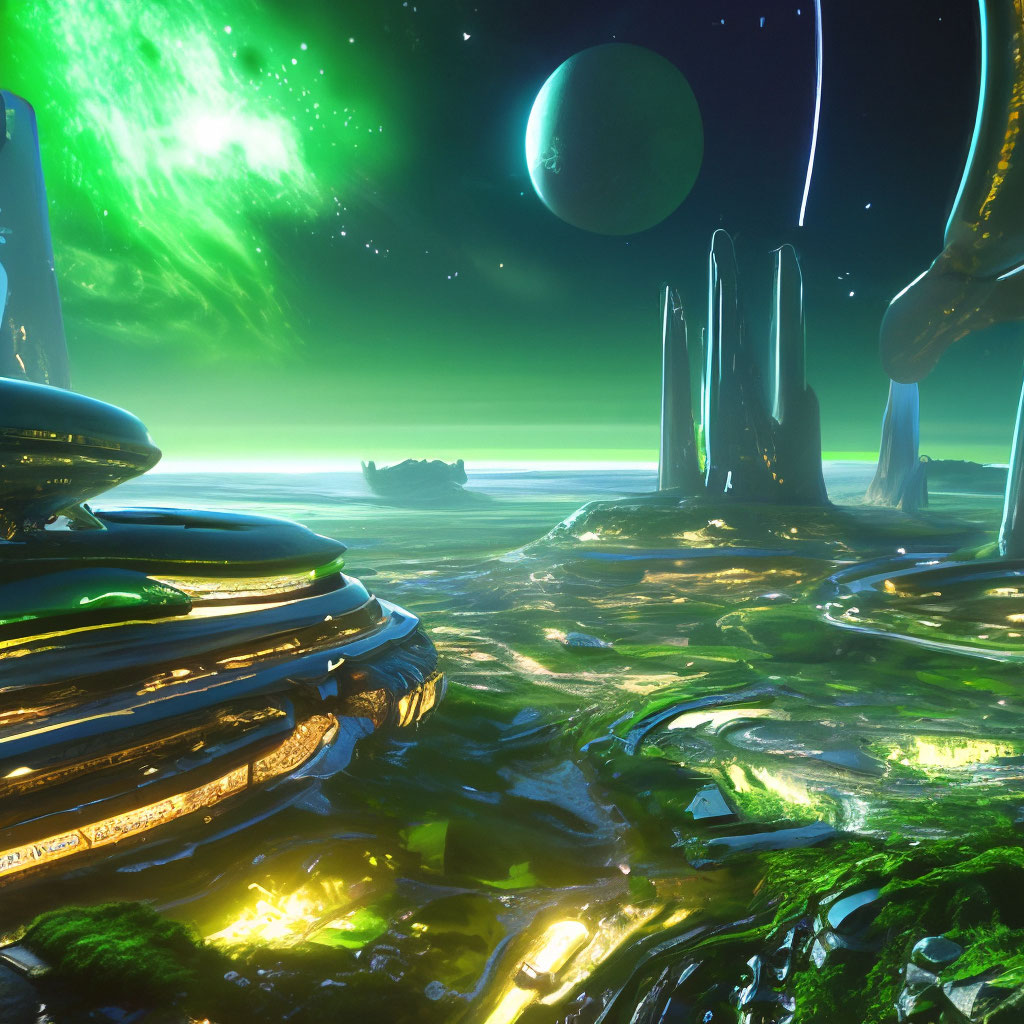 "Alien landscape, green starry sky, technocratic world, top view, hyper ...
