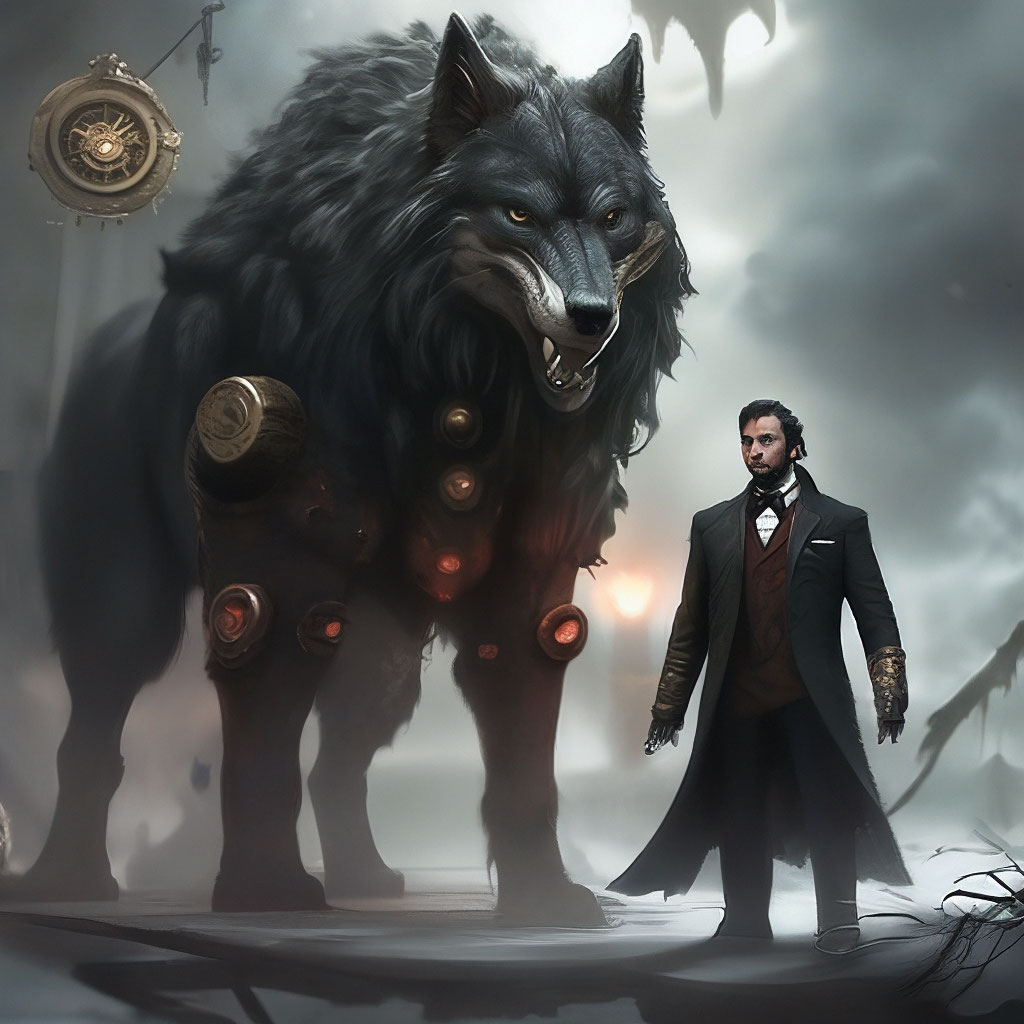 "Lucifer and the huge wolf" — image created in Shedevrum