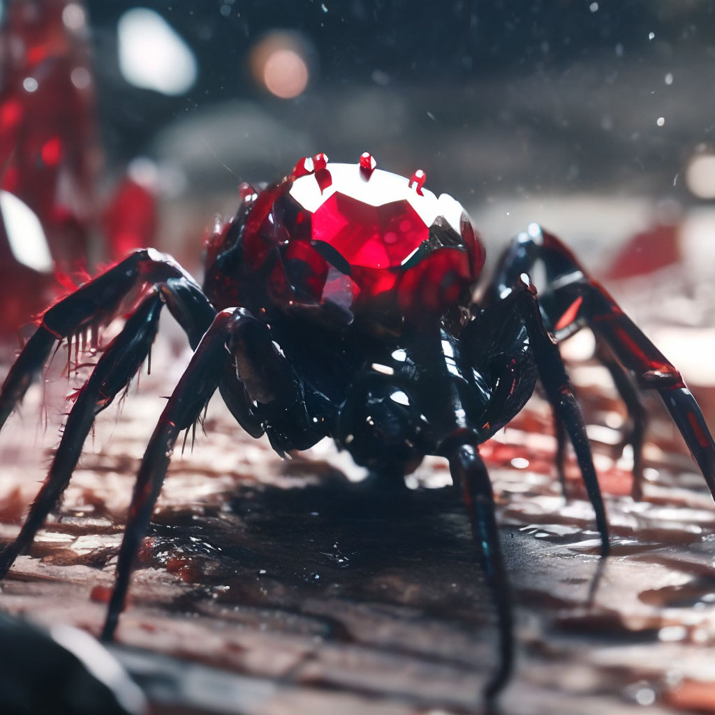 "Black widow, ruby, Filigree. CGI, ISO 100, 4k, magic. tilt-shift, 1/250s, f…" — image created ...