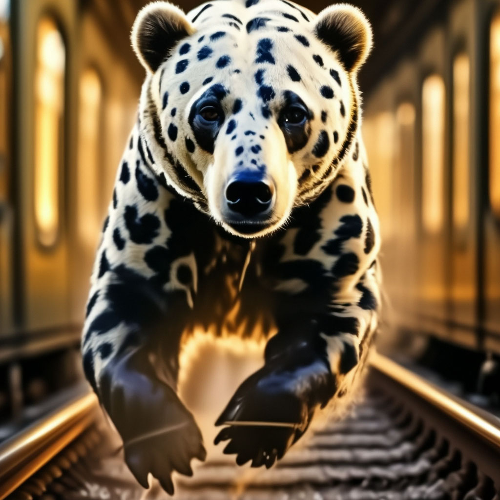"Dalmatian bear, running along the rails behind a departing train ...