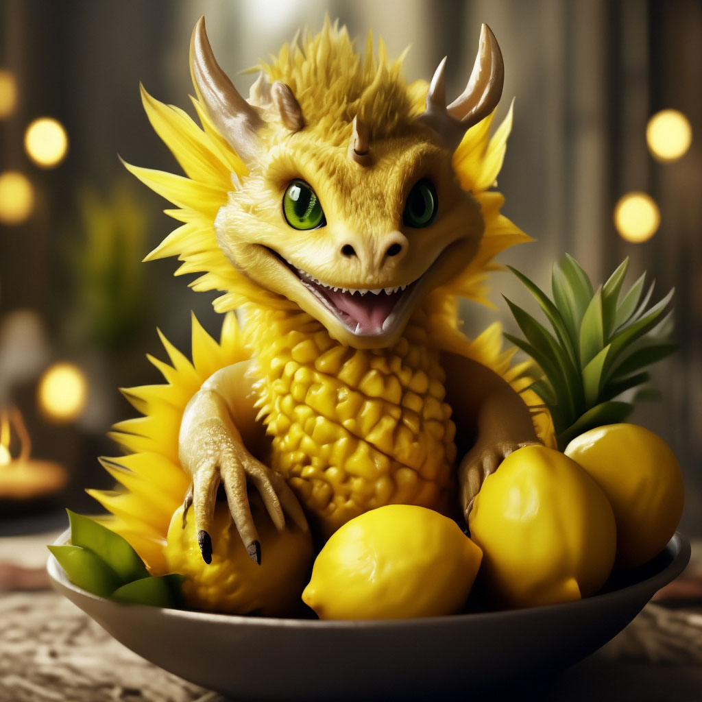 "Lemon dragon, fluffy, furry, toothy, sitting in a plate with pineapple ...