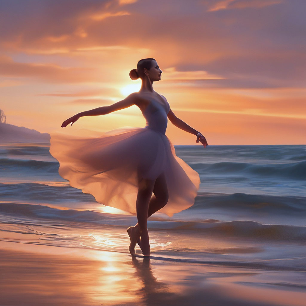 "A beautiful ballerina girl dancing on a sea beach against a sunset ...