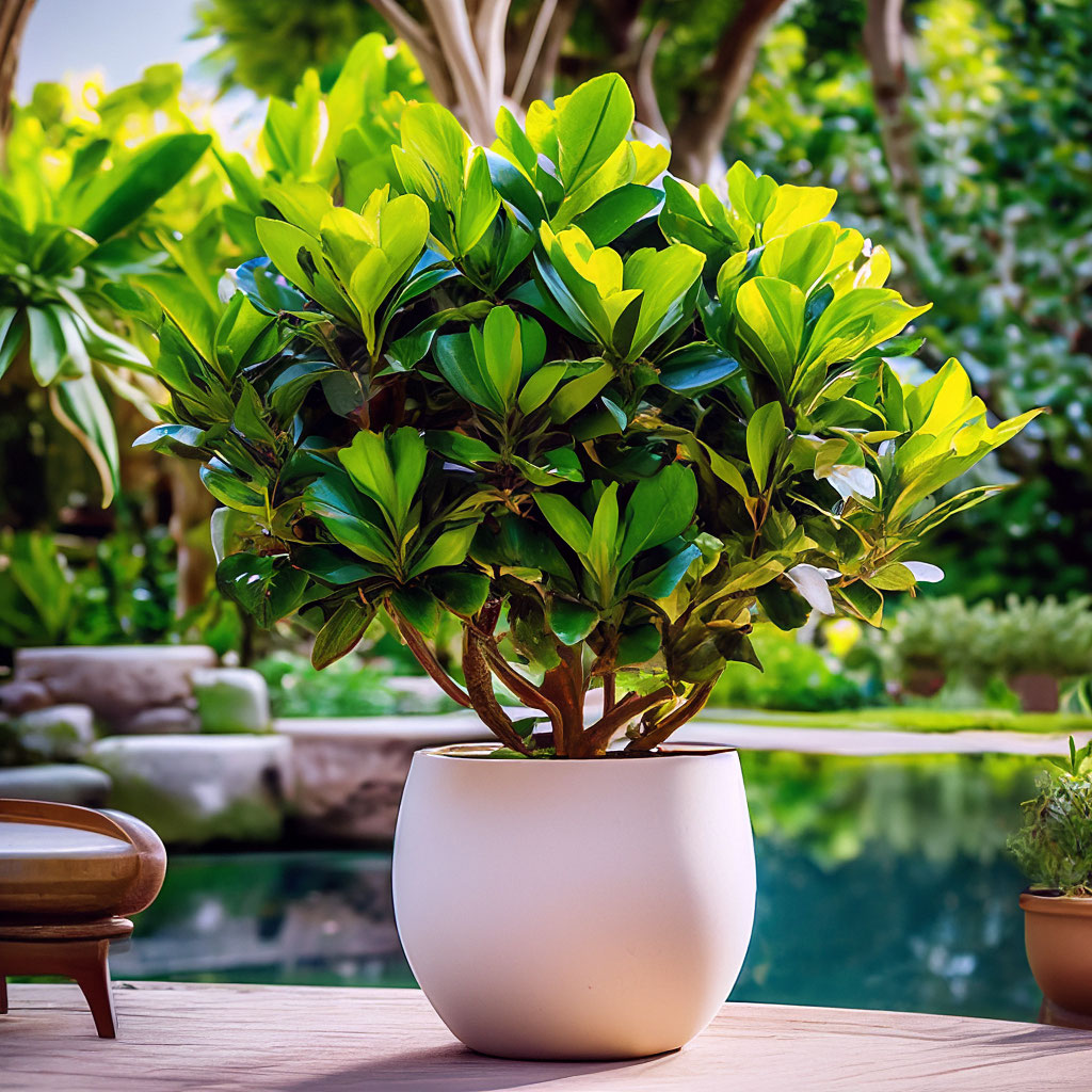 "A large beautiful fluffy ficus bush in a planter on the background of ...