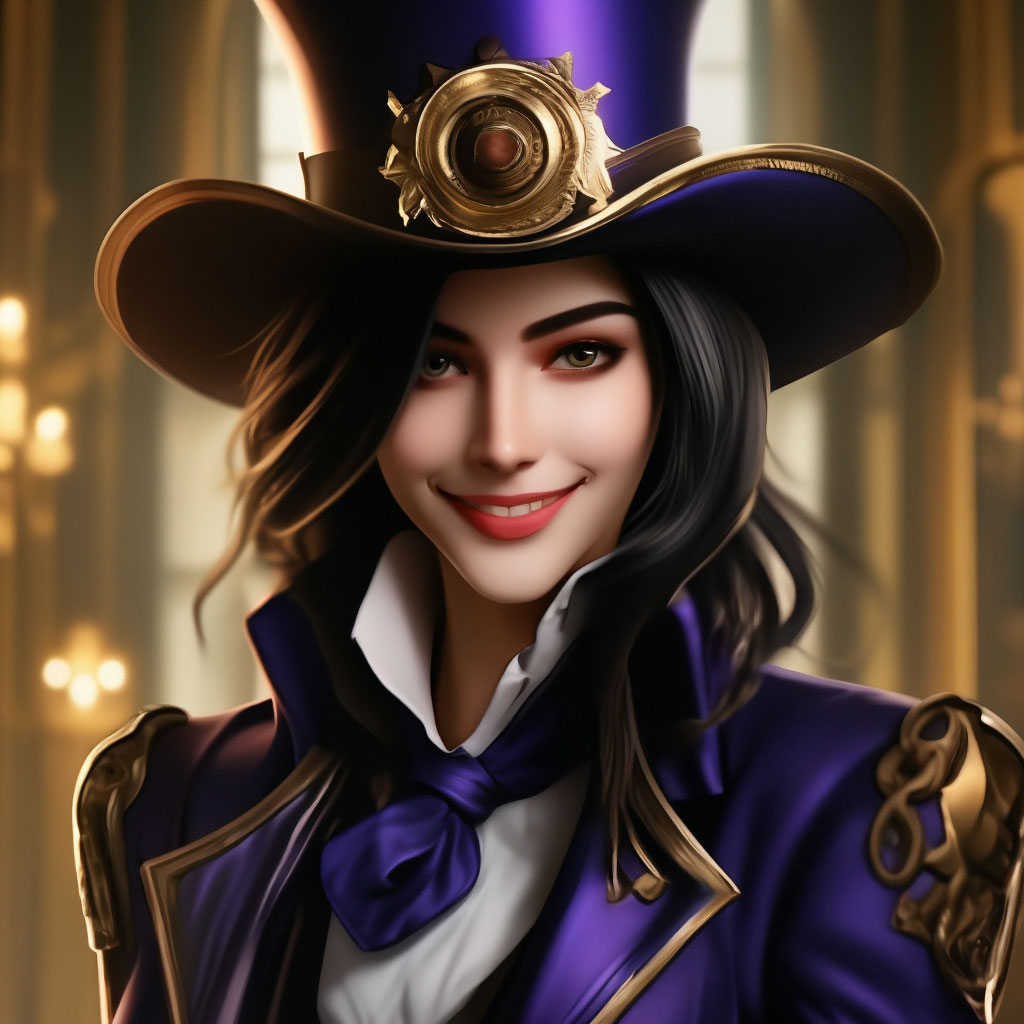 "League of legends arkane Caitlyn, top hat, smile, laughter ...