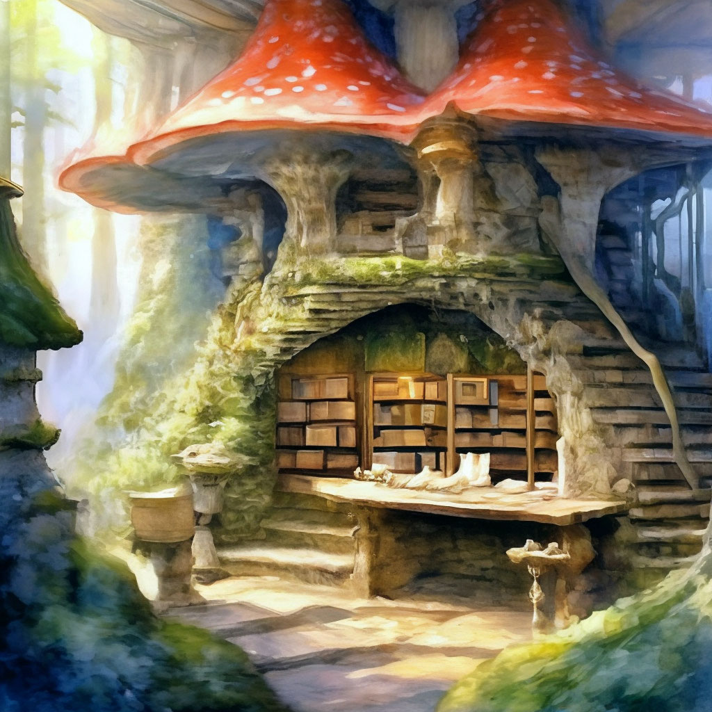 "Elf library inside an elven house, an elven village, houses in the ...