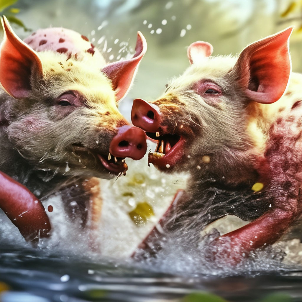 "Pigs fighting for berries, fight, attack, collage, two, drooling ...