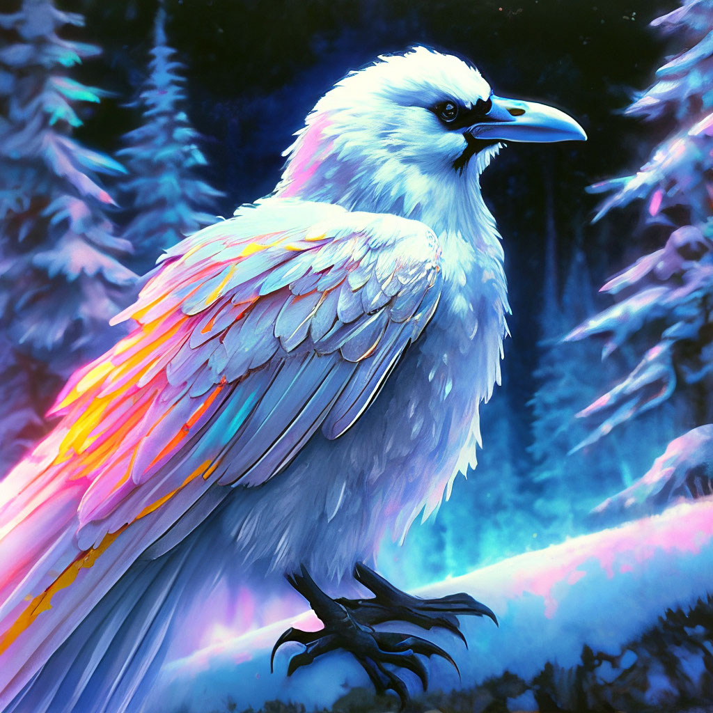 "A white crow glowing with neon stripes,full-length,epic,fabulous,5d ...