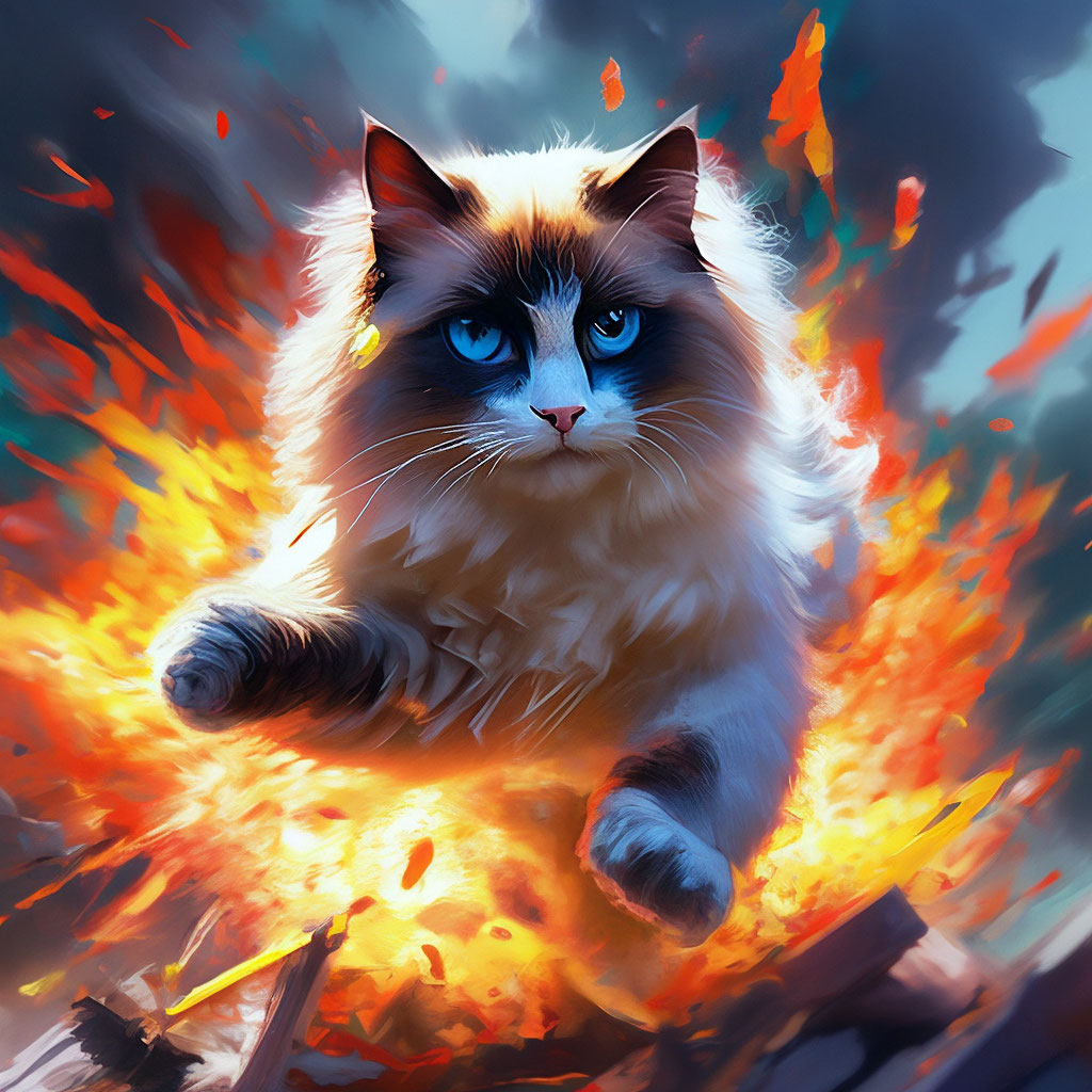 "Explosive ragdoll cat" — image created in Shedevrum