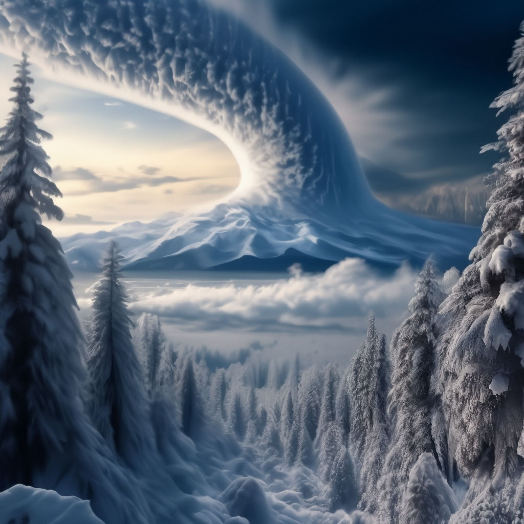 "alien landscape,Majestic snow-white viper-shaped clouds cover a snowy ...