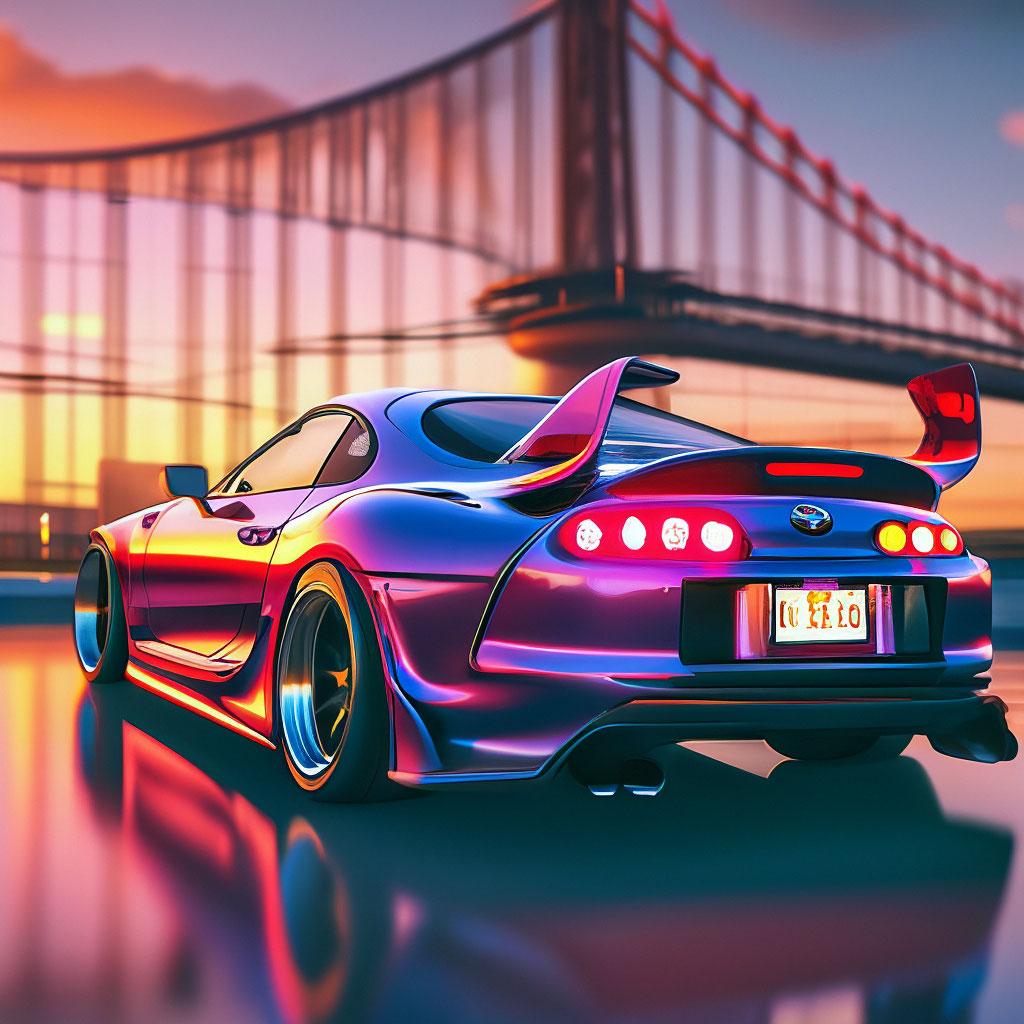 "Toyota Supra on the bridge with sunset view, photorealism, neon light ...