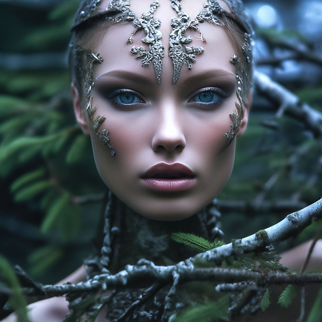 "Full face, slender girl, spruce branches, darkness, big lips, bright ...