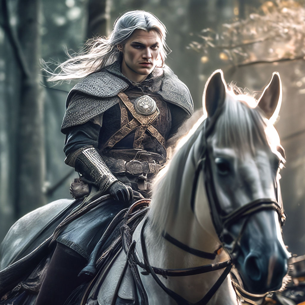"The young witcher rides a horse,clear weather,filigree,trees,full ...