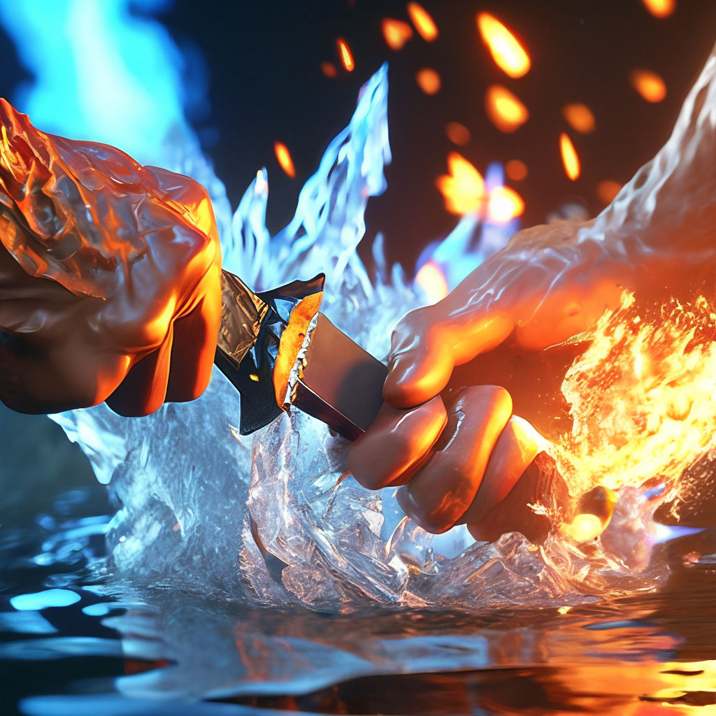 "Fire and water fight with swords 3D , professional photo ...
