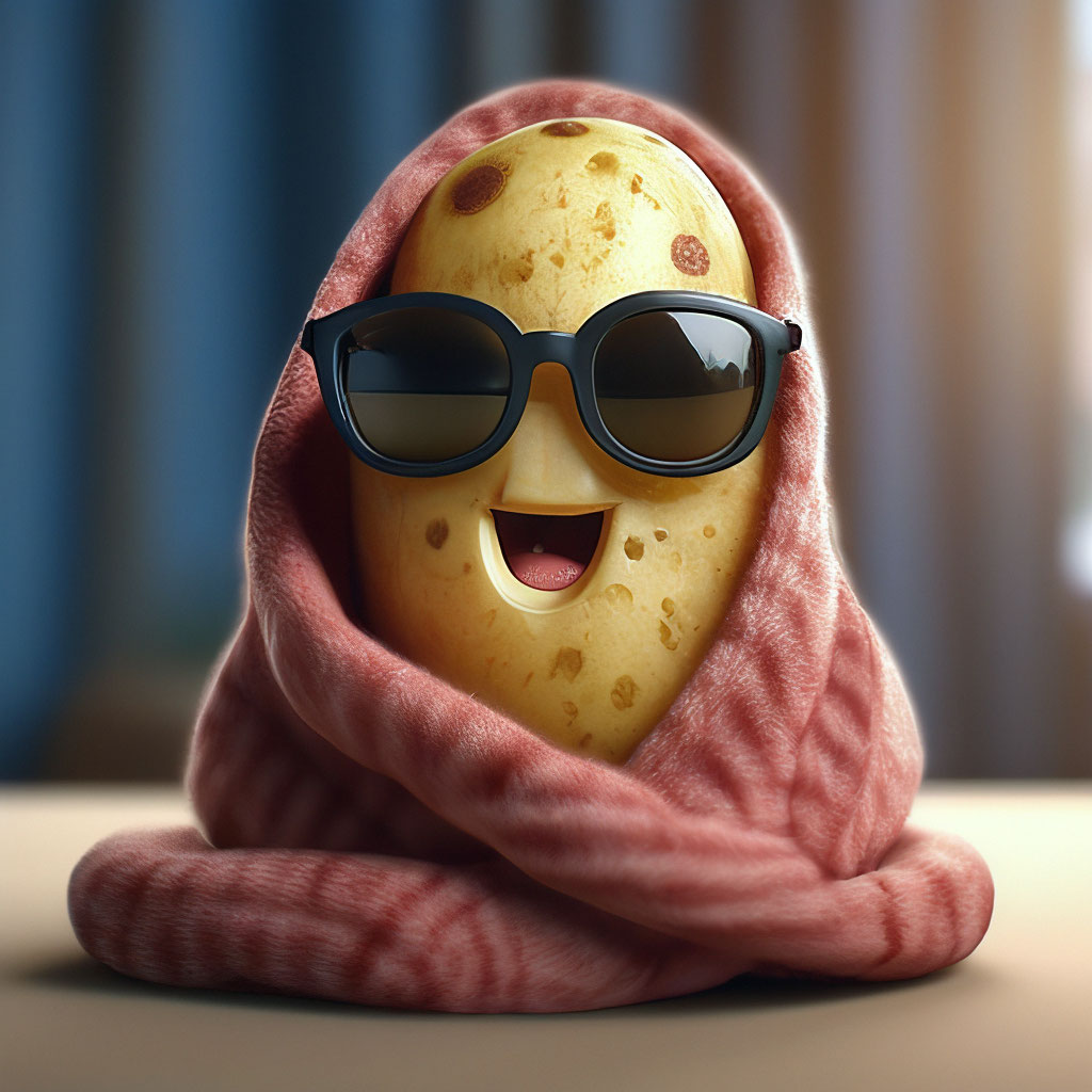 "Anthropomorphic potato 🥔 in a scarf with human eyes and mouth in ...