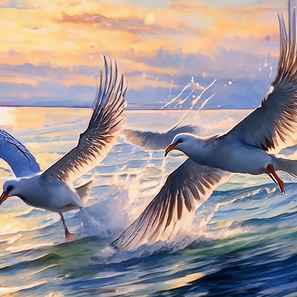 "The flight of water-cutting birds over the sea from the side ...