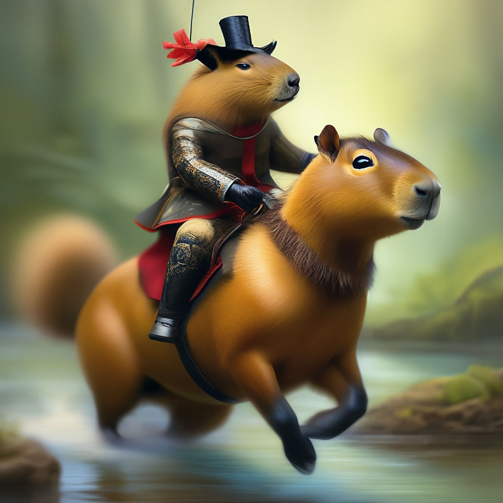 "Capybara rides a horse" — image created in Shedevrum