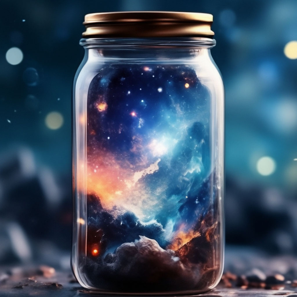"Space in a glass jar, space, galaxies, stars, clouds, nebulae ...