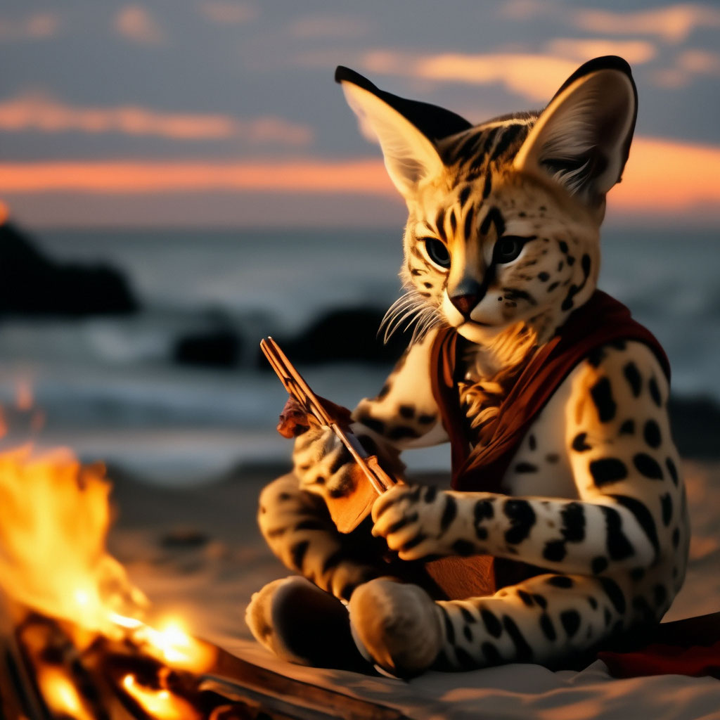 "An anthropomorphic Rastafarian serval in a traditional striped ...