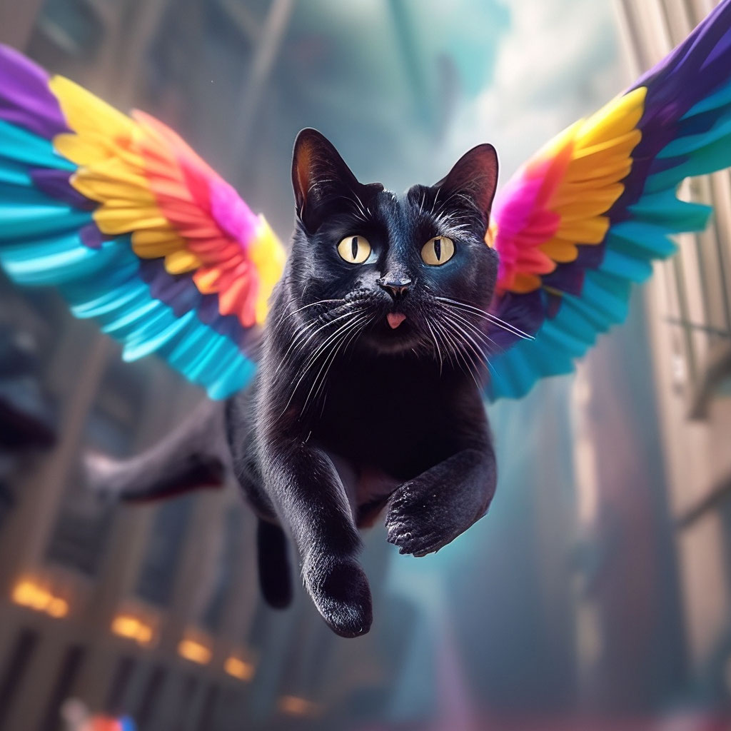 "A colorful cheerful cat with black wings flies right into the camera ...