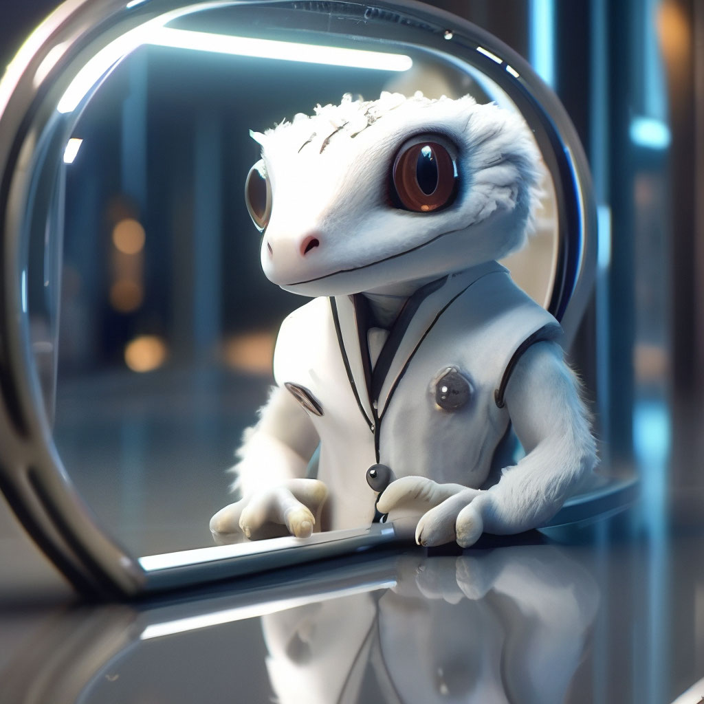 "A tiny cute fluffy gecko in a white suit admires his reflection in the ...