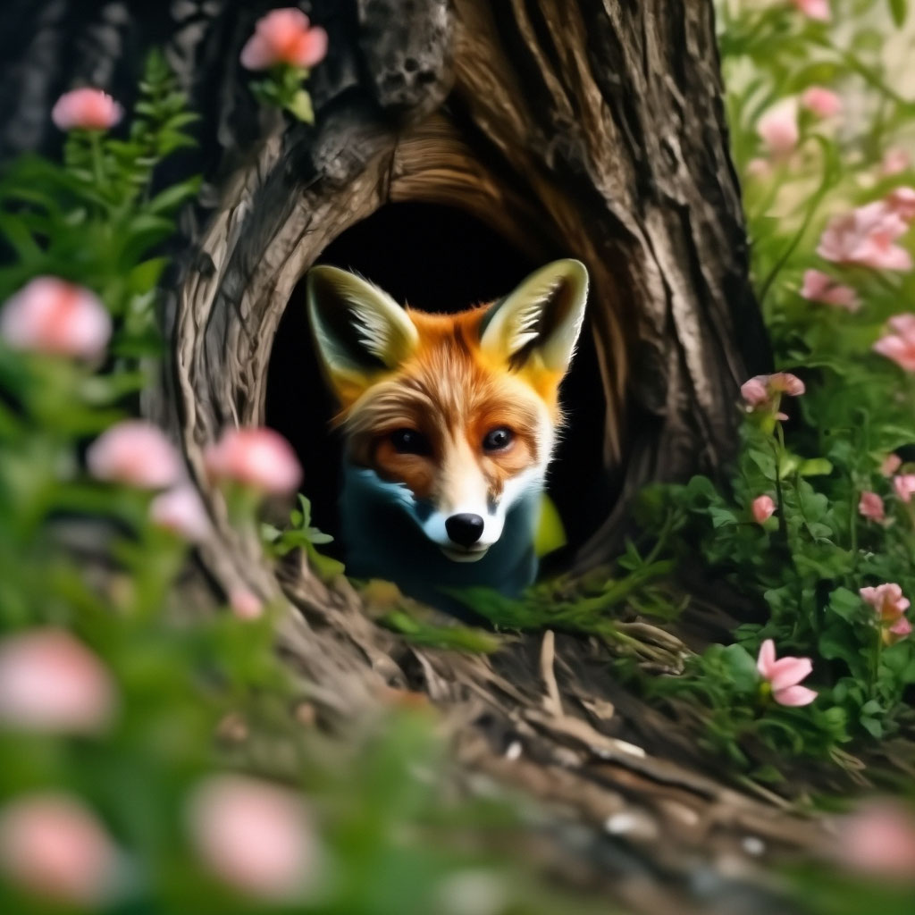 "A large century-old tree, a fox hole in its roots, flowering bushes ...