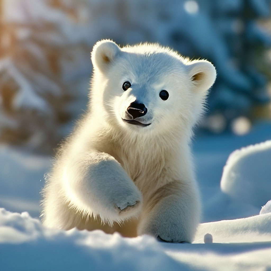 "Little white bear cub playing in fluffy snow, bright colors, realism ...