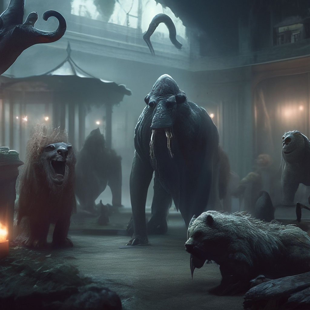 "Sinister Lovecraft-style zoo, horror,various Lovecraft-style animals ...