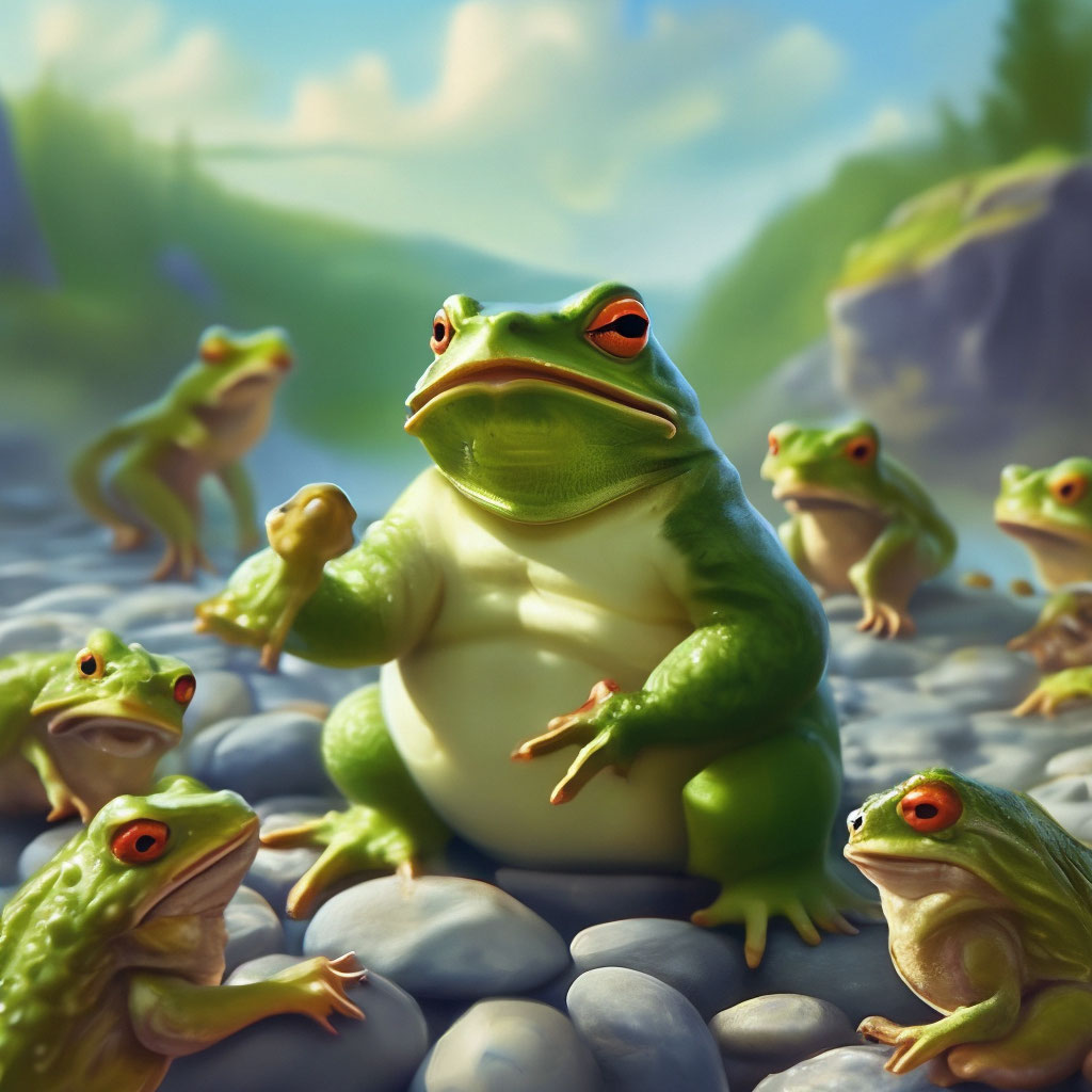 "A big fat green toad is playing sports against the background of ...