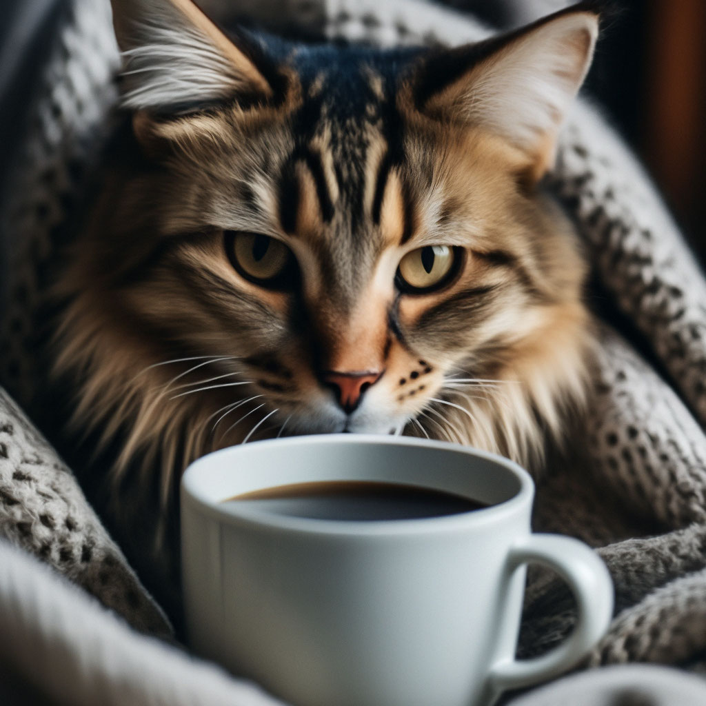"The cat is lying in bed under a blanket, drinking tea, being treated ...