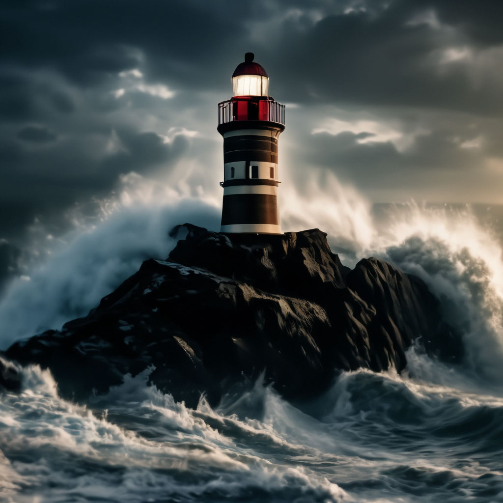 "Lighthouse on a high sharp rock, raging sea, storm, waves crashing on ...