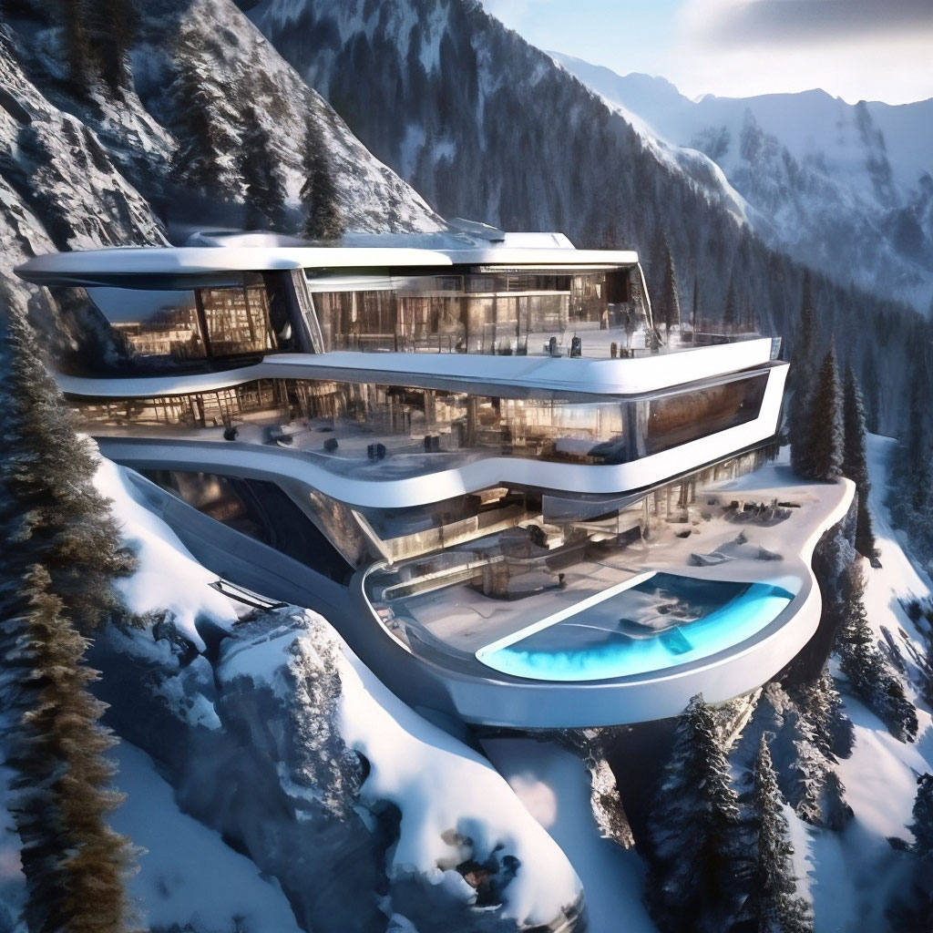 "High-tech complex mega-mansion built in a mountain, hyperrealism ...