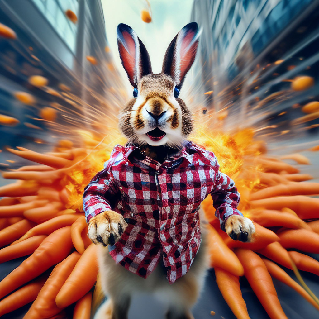 "A beautiful cheerful hare in a plaid shirt escapes from a carrot ...