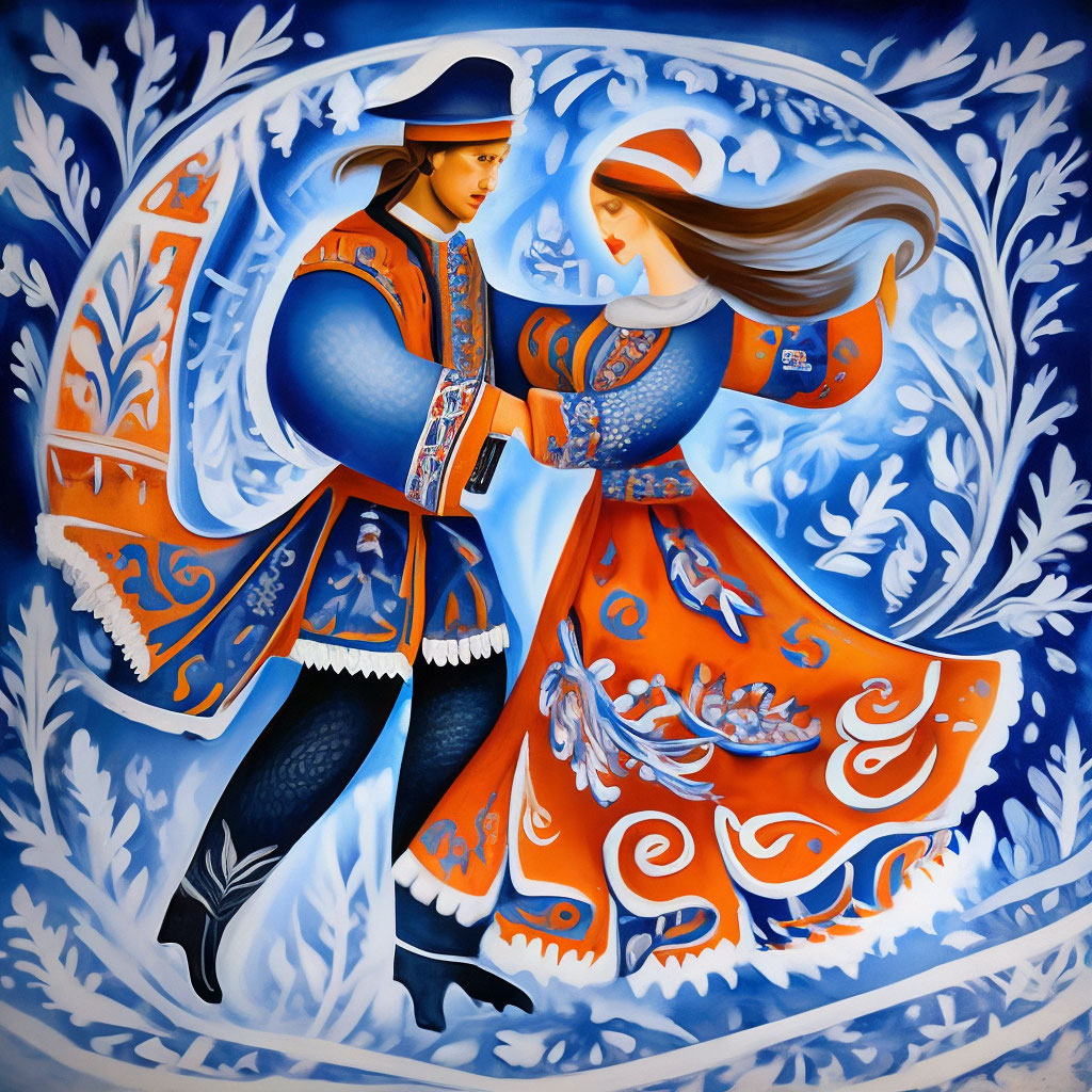 "Man and woman, dance, frost drawing, in the folk Russian style ...
