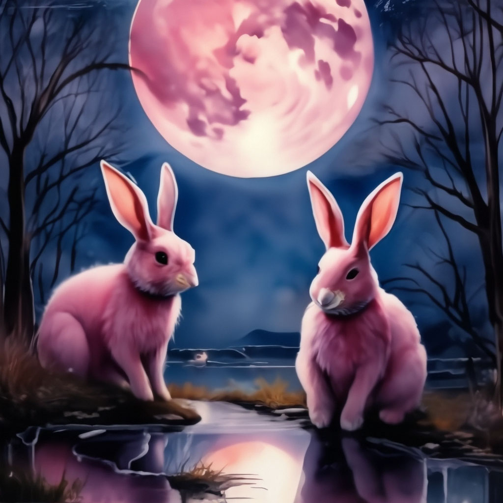 "Night, big moon, pink rabbits running around nearby, aesthetically ...