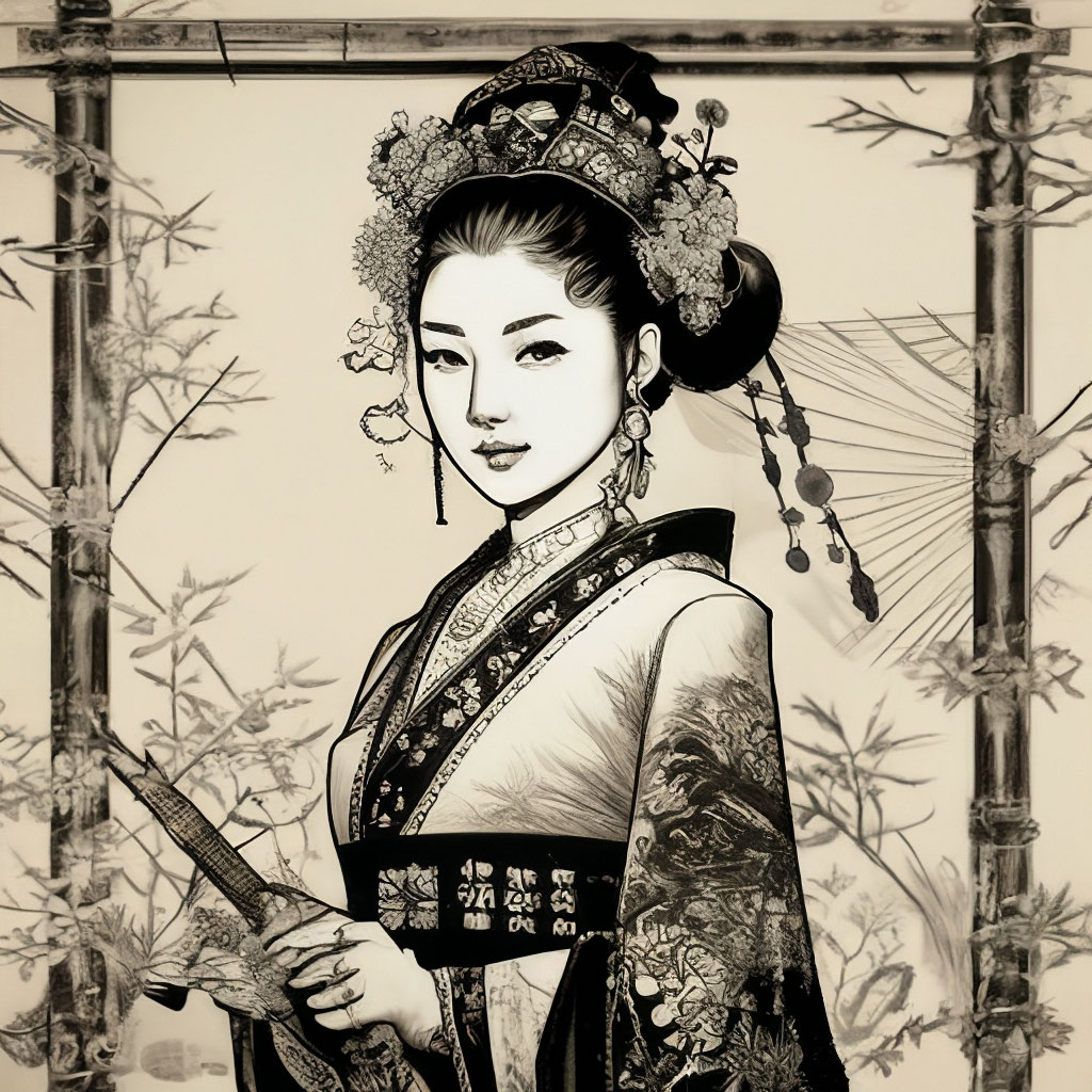 "Japanese princess in national dress in the style of sketch art ...