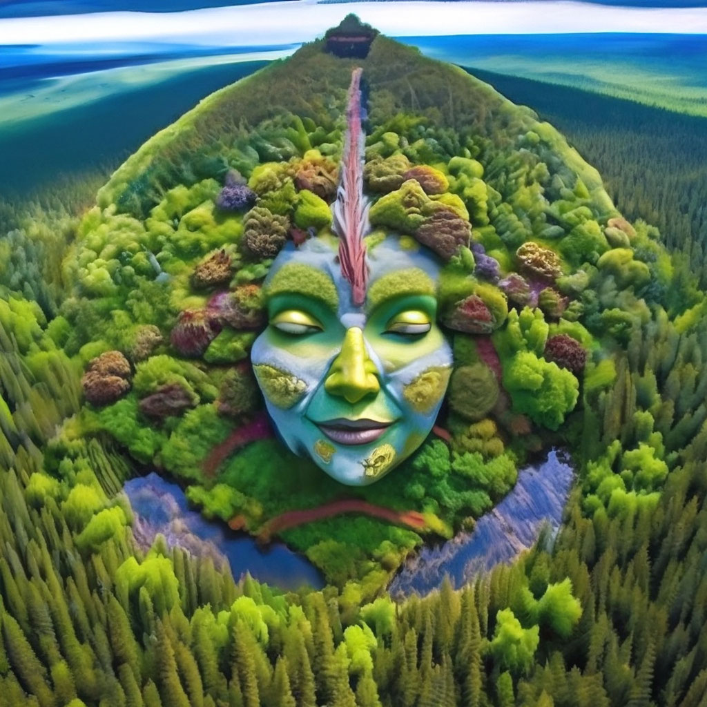 "A giant, beautiful, female face, the mother of taiga, consisting of ...