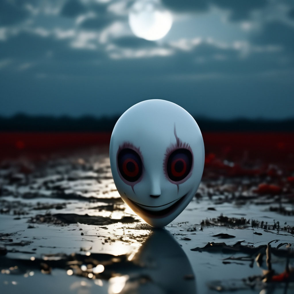 "Big eyes without eye sockets white face grin with a hint of red head ...