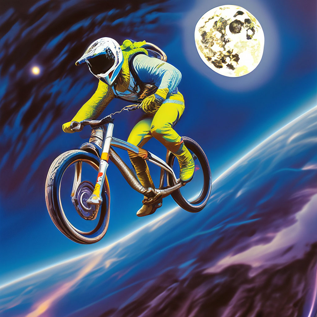 "Cyclist flies to the moon, mtb" — image created in Shedevrum