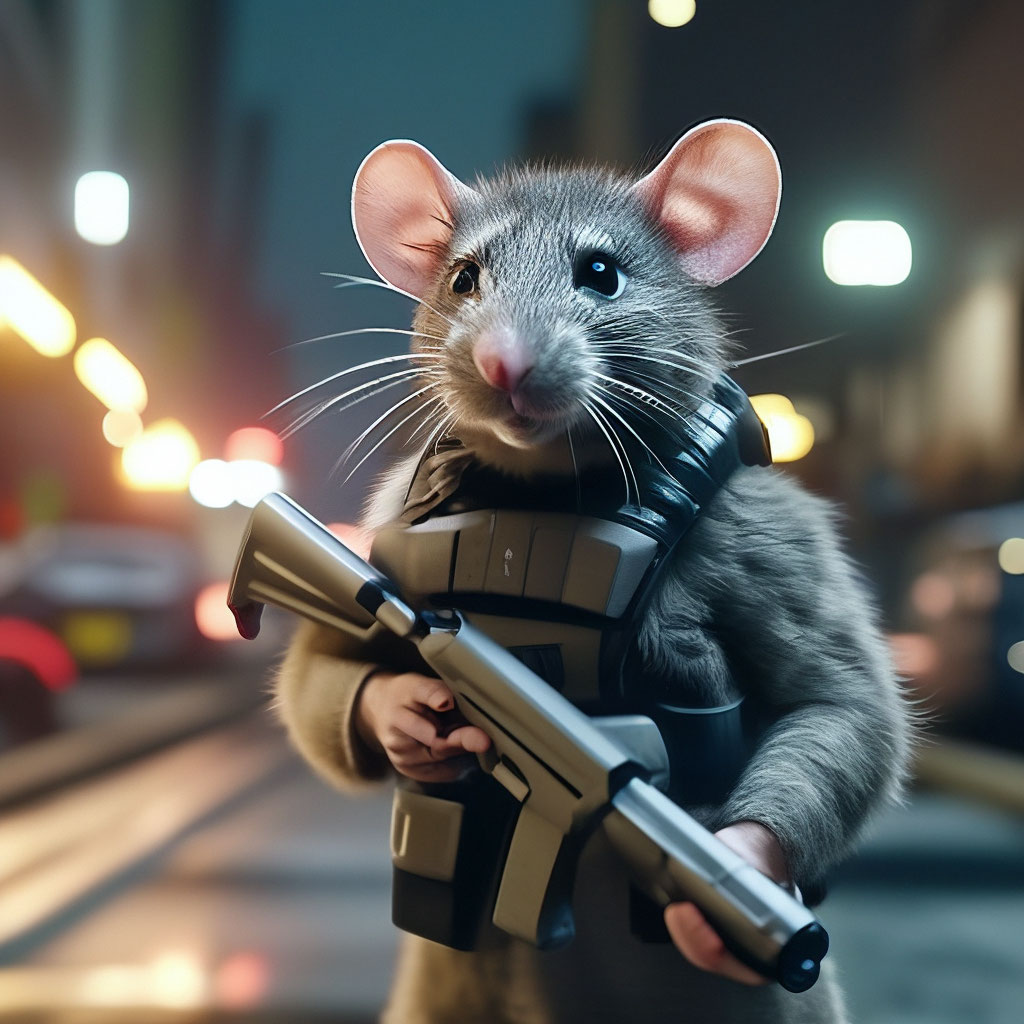 "Rat-man, a human-sized rat in the role of a swat fighter, with a gun ...