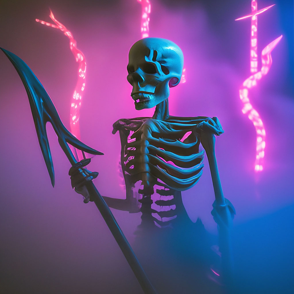 "Neon skeleton in the fog with a scythe" — image created in Shedevrum