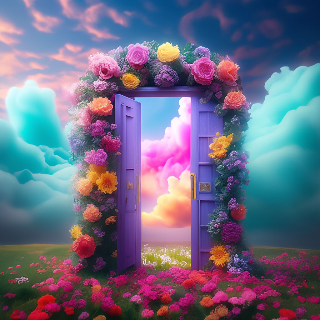 "Mysterious flower door in colored clouds" — image created in Shedevrum