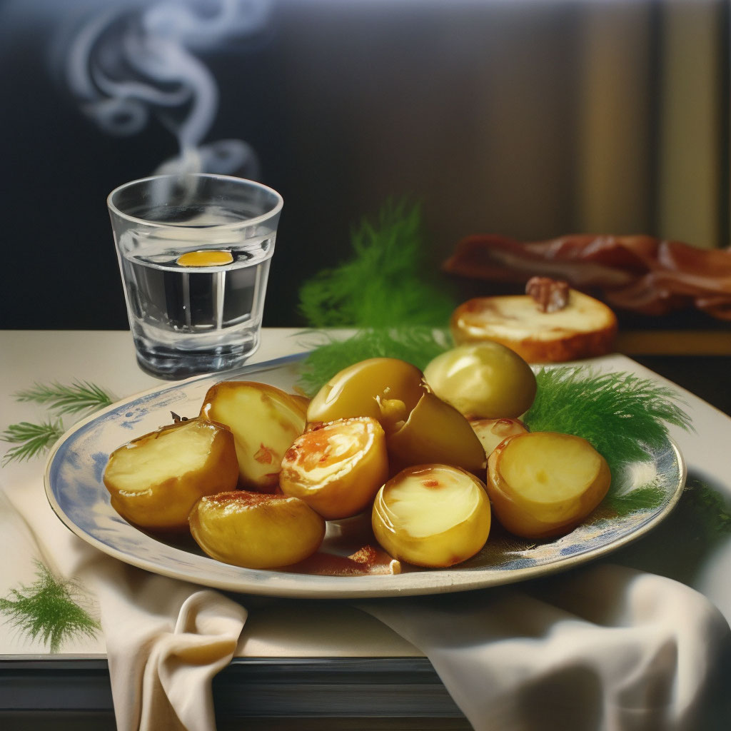 "Oil still life, realism, potatoes are cut and fried on a plate, dill ...