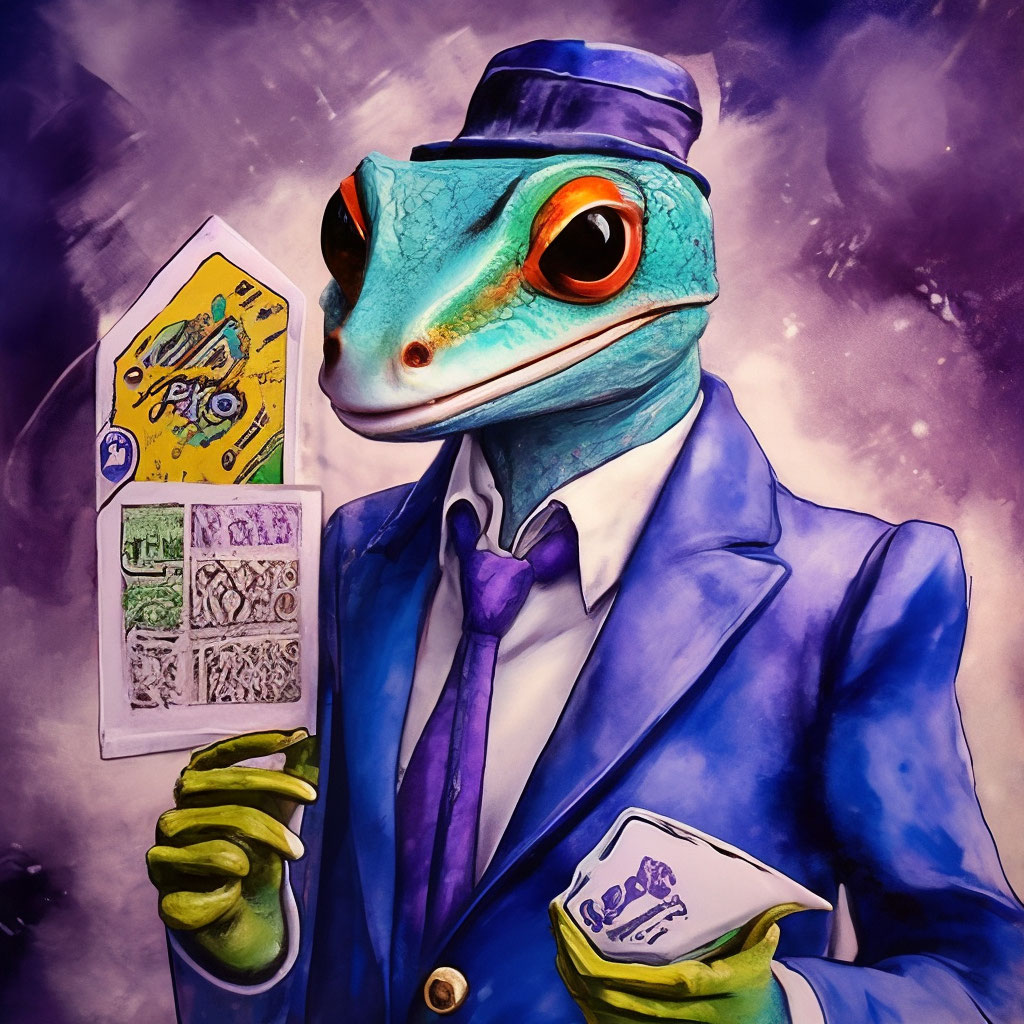 "A gecko clerk in a violet-blue jacket with a ticket in his hand 21.12 ...
