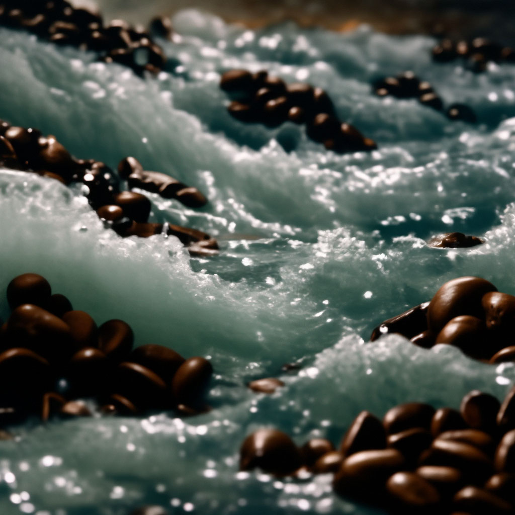 "Sea of coffee with milk, foam, waves, pebbles from coffee beans ...