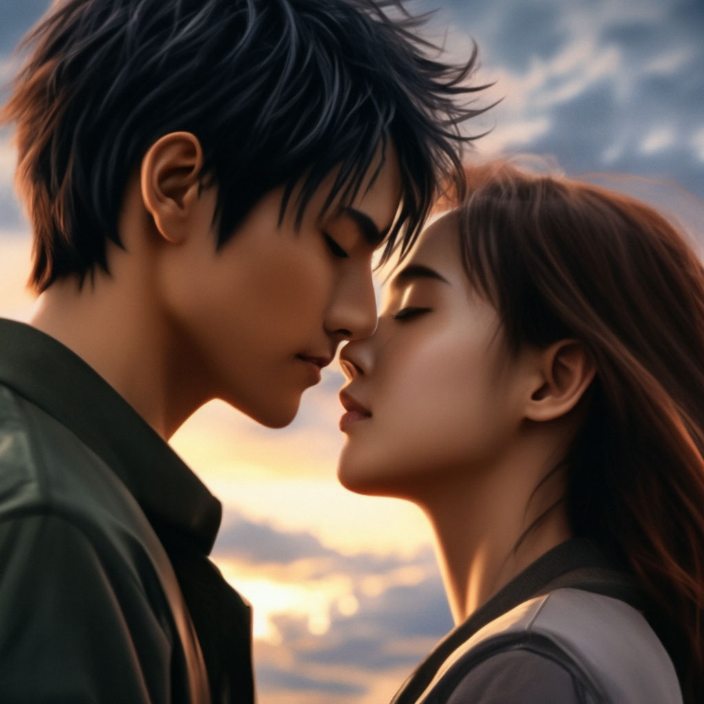 "Anime, hyperrealism, anime guy, anime girl, kiss,love,relationship ...