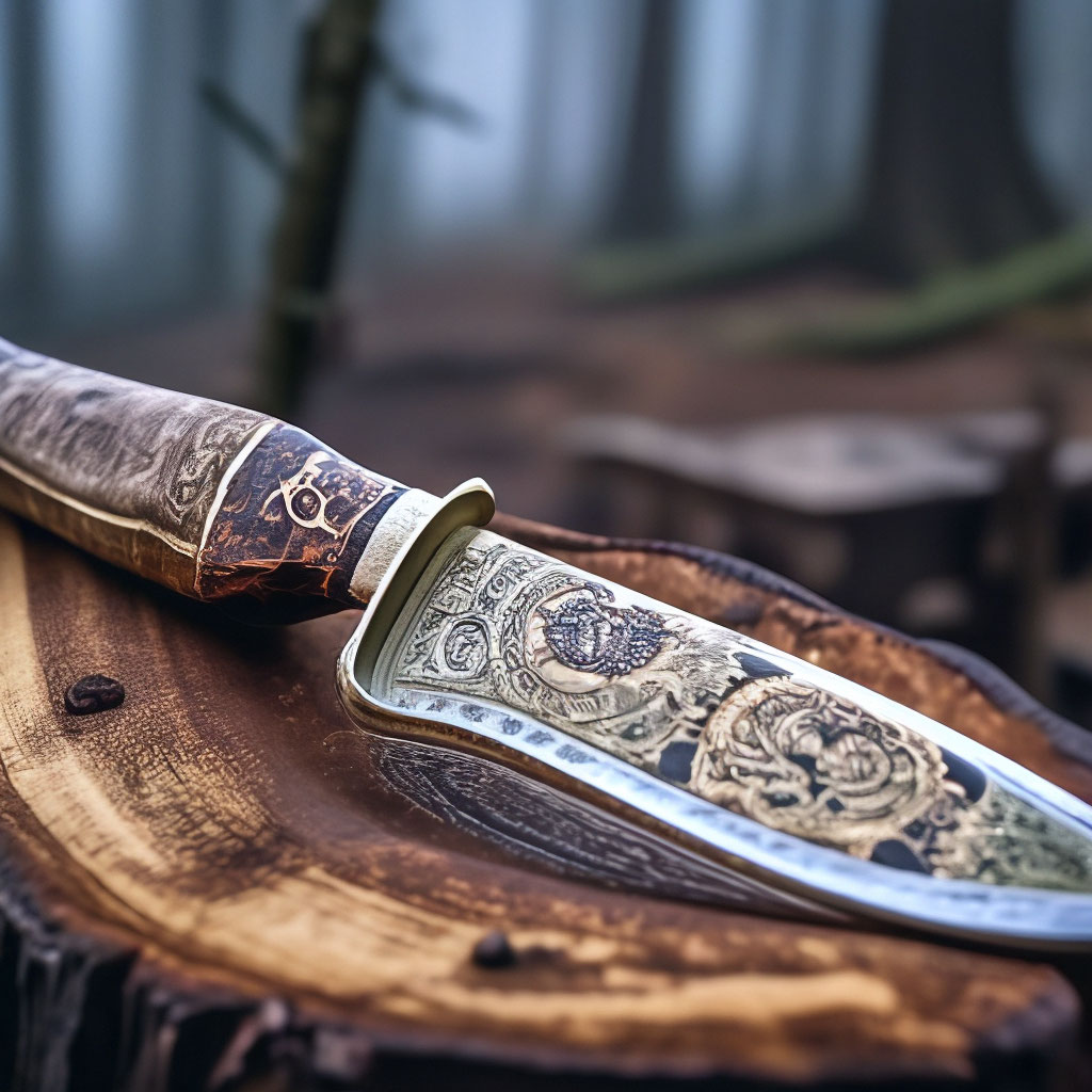 "Large antique knife, blade decorated with a pattern, wooden handle ...